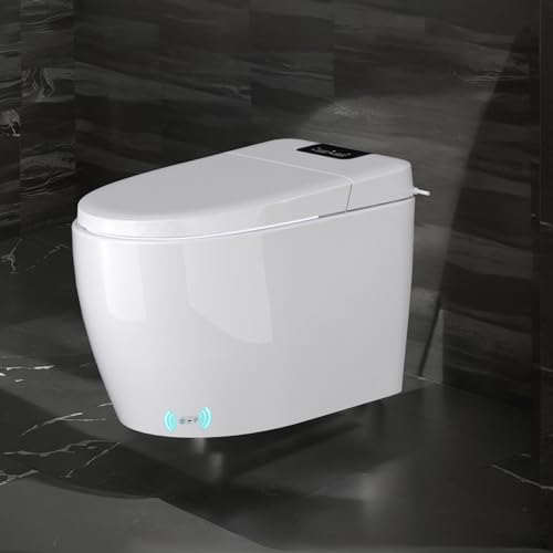 Smart Toilet, One-Piece Tankless Bidet Toilet with Auto Flush, Heated Seat, Auto Open & Close Lid, Foot Sensor, Warm Water Sprayer & Dryer, LED Nightlight, Remote and Knob Control for Janitorial