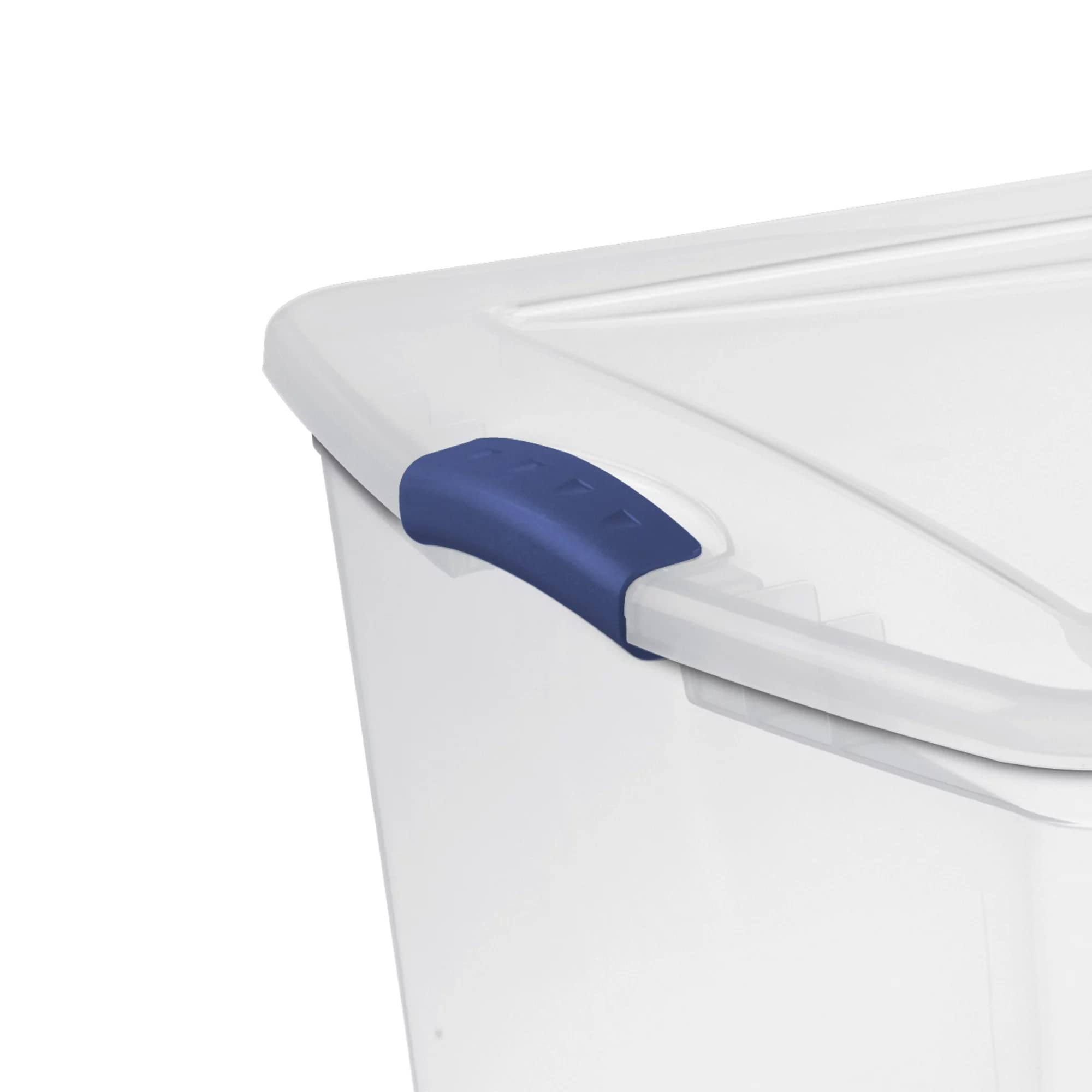 PuPLUM 105 Qt. Latch Box Plastic Storage Bin Tote Organizing Container With Durable Lid, Stackable and Nestable Snap Lid Plastic Storage Bin, 1 Pack, Clear With Blue Buckle