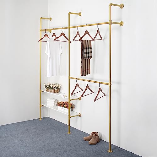 OUBITO Industrial Pipe Clothing Rack,Commercial Grade Pipe Clothes Racks,Heavy Duty Wall Mounted Closet Storage Rack,Hanging Clothes Retail Display Rack Garment rack,Gold 2 Board With Crossbar