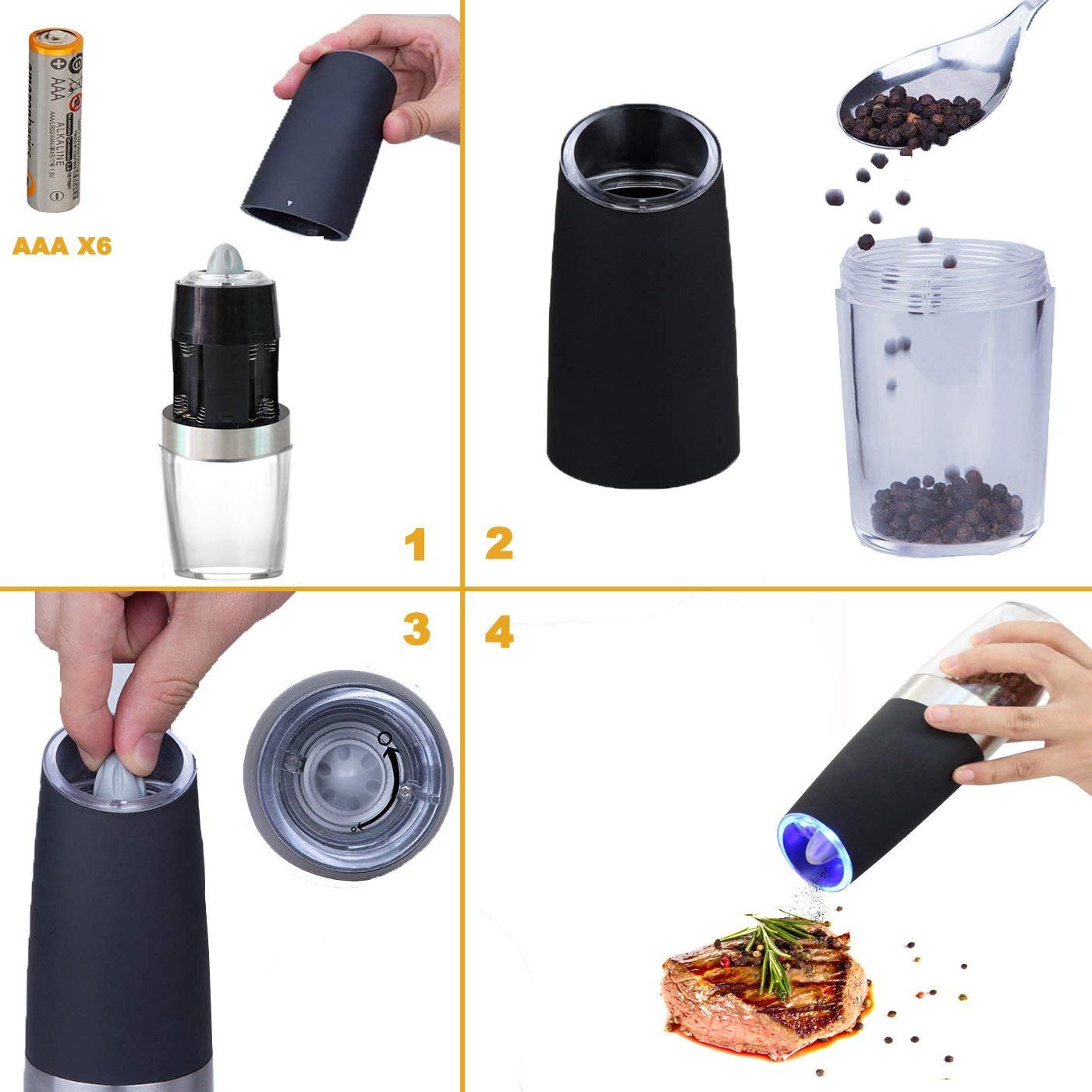LBPYRMIGV Molinillo de sal y pimienta eléctrico Juego de 2 saleros Molinillo de pimienta automático con una mano