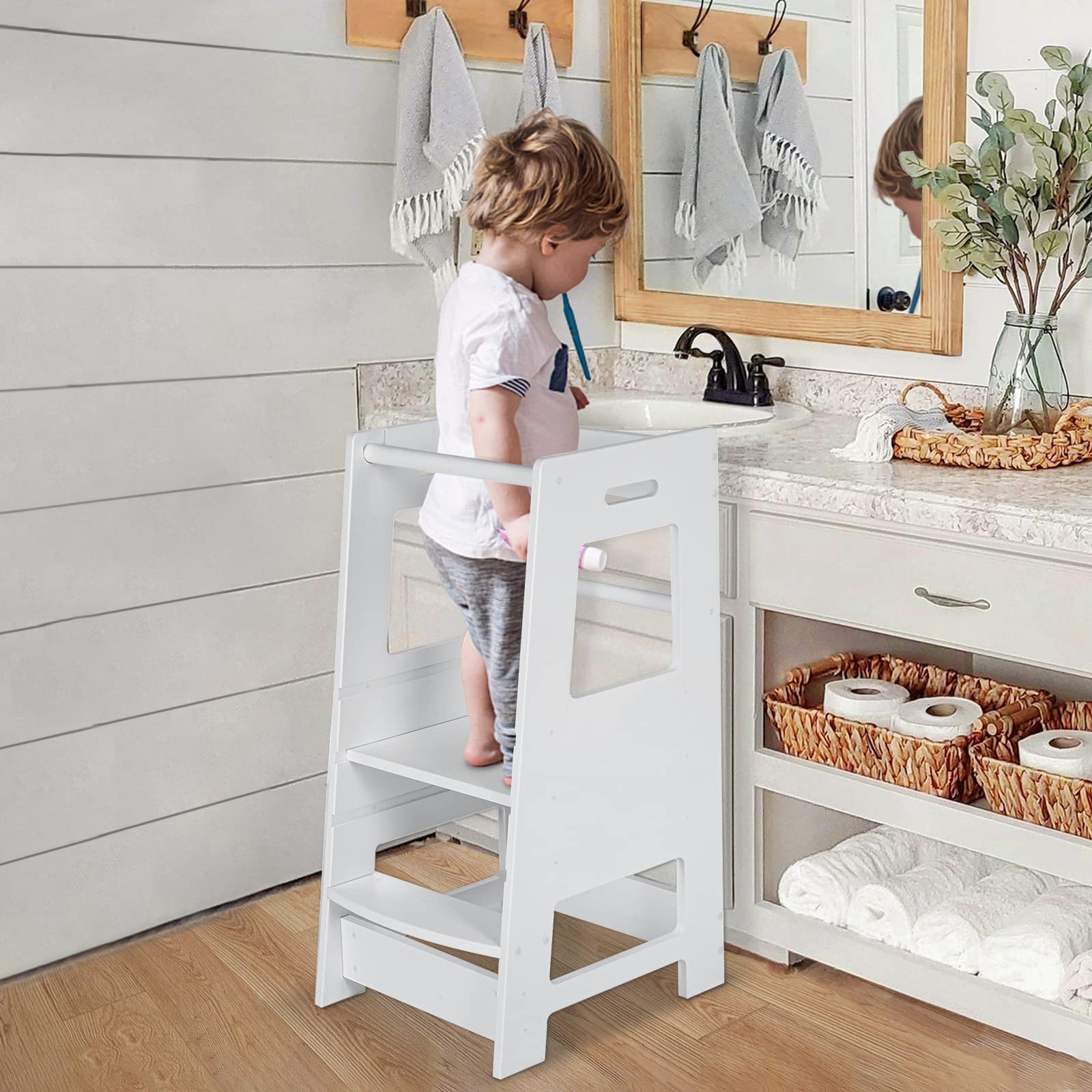 LUSIMO Toddler Step Stool Helper Nursery Standing Tower Wooden Kids Step Stool with Safety Rail Height Adjustable Toddler Learning Tower with Anti-Slip Protection Support Up to 165lbs White