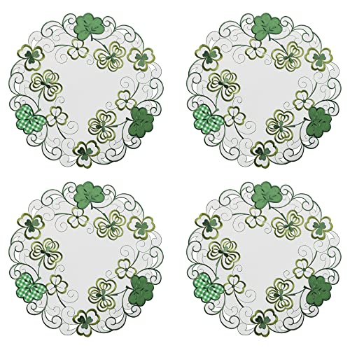 OWENIE St Patrick's Day Round Shamrock Placemats Set of 4, Embroidered Irish Clover Cutwork 15 Inch Placemats,Green Table Mats with Lucky Shamrocks, Round Doilies for Kitchen Dining Table