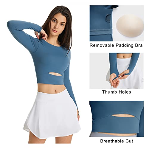 KTILG Workout Crop Tops Womens Long Sleeve Athletic Gym Compression Yoga Seamless Padded Shirt with Thumb Holes