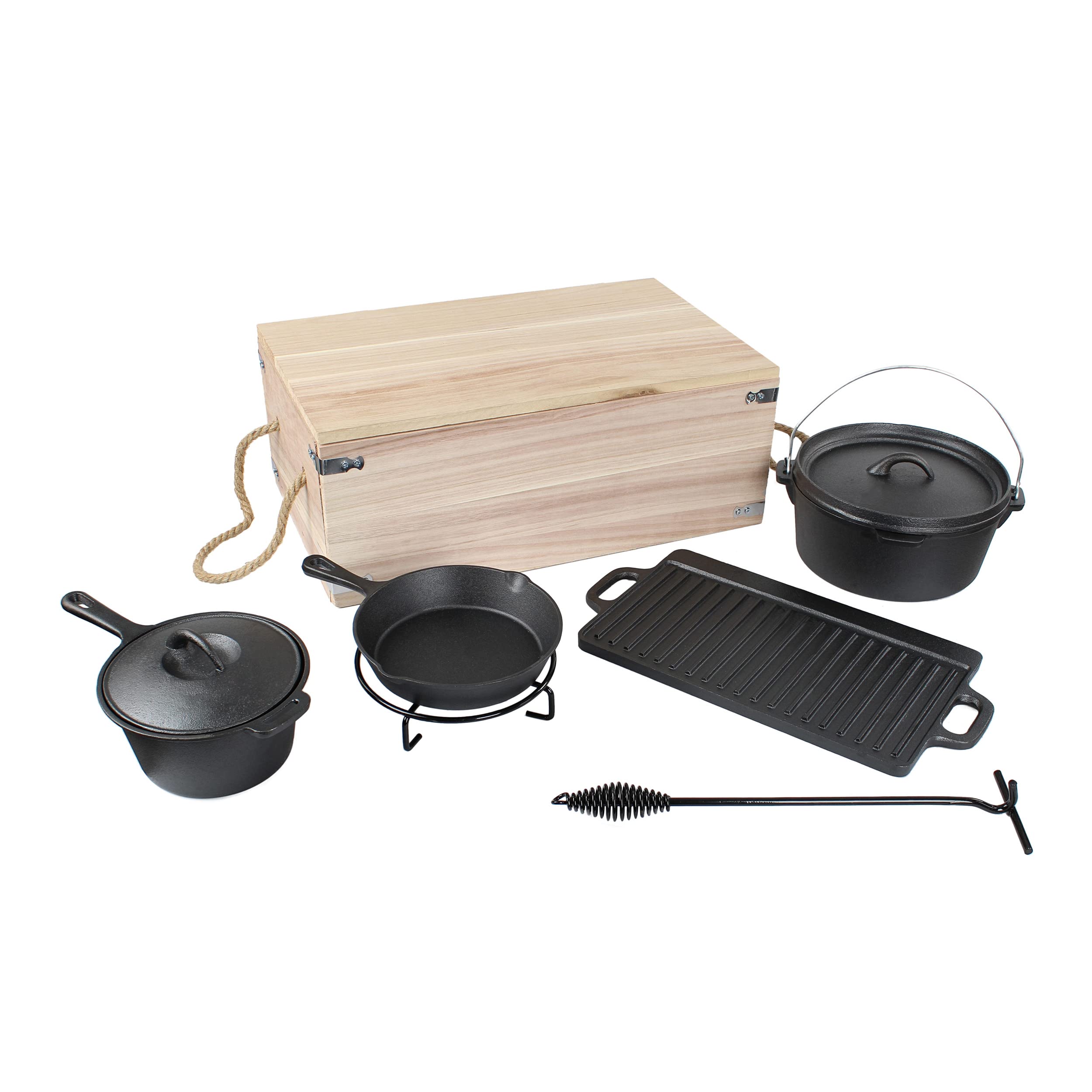 Lot45 Dutch Oven Camping Cooking Set 7pc Cookware - Cast Iron Griddle, 4.5qt Dutch Oven, Frying Pan, 2.5qt Sauce Pan