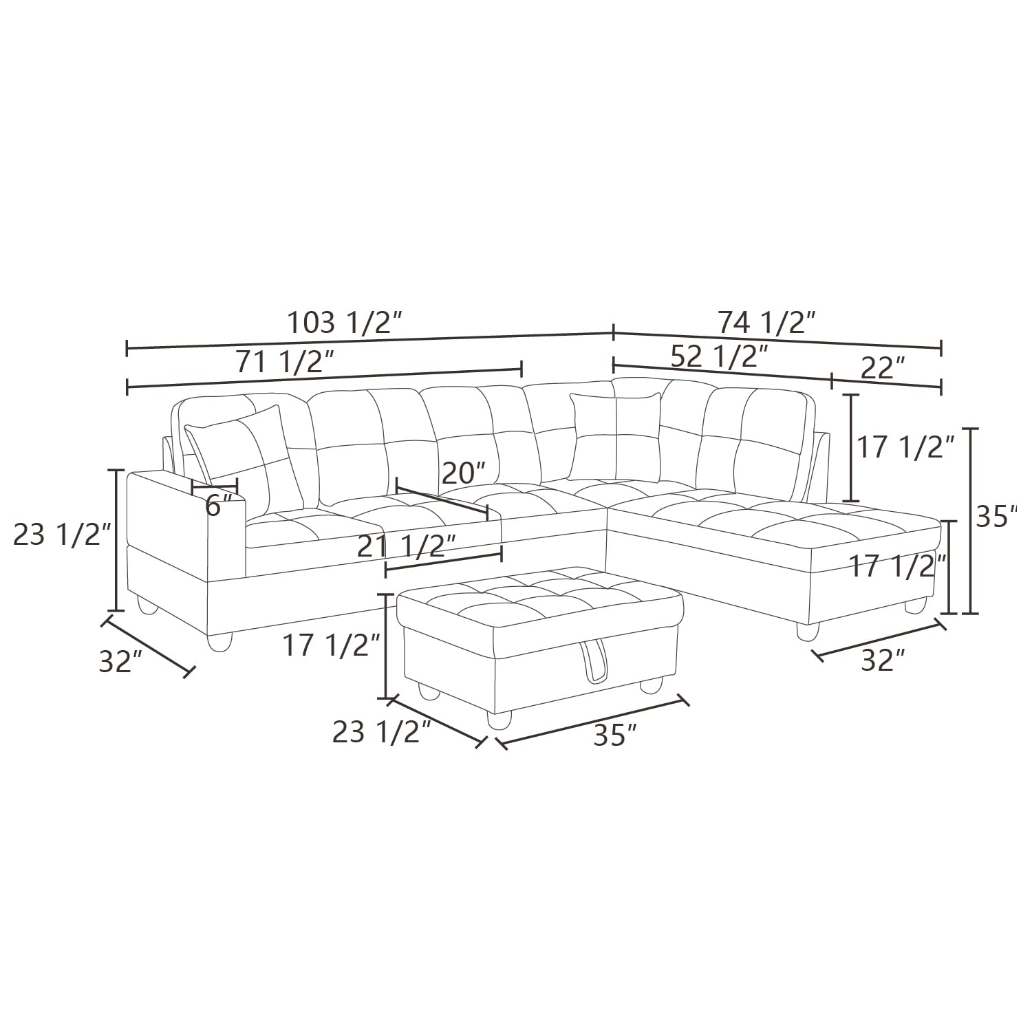 NicBex Sectional Couch 3 Pieces Modular Sofa with Ottoman Sectional Sofas with Right Chaise L-Shape Couches with PU Leather Fabric Sleeper Sofa Sectional Couches for Living Room, Dark Grey