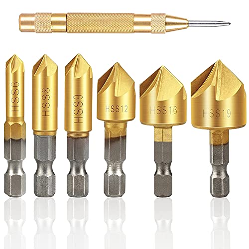 Kigauru 6 Pcs Countersink Drill Bit Set 1/4 Inch Hex Shank 90 Degree Sets High Speed Steel 5 Flute Countersink Bit Wood Quick Change Bit 6mm-19mm with 1 Pcs Automatic Center Punch Tool