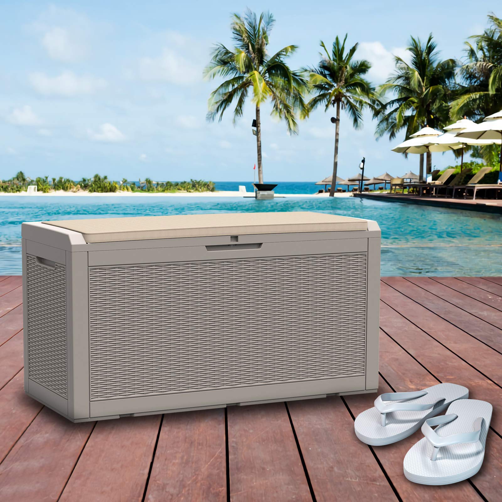 Modern-Depo 100 Gallon Deck Box Waterproof Outdoor Storage Bench Resin Pool Towel Storage Bin Porch Delivery Box with Seat Cushion, Gray