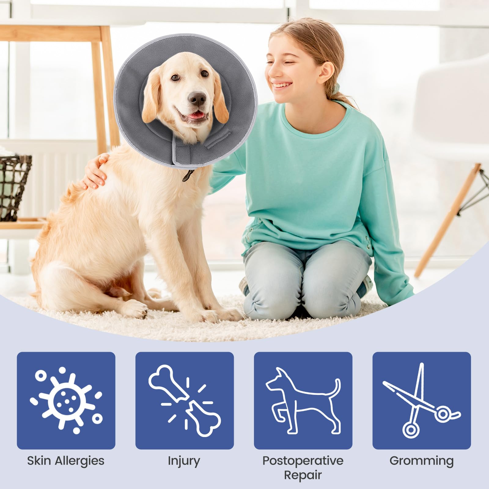 PETTOM Soft Dog Cone Collar, Adjustable Dog Recovery Cone Collar, Reflective Bands Breathable Elizabethan Collar for Large Medium Small Dogs Anti-Bite Anti-Lick Protective Wound (L)