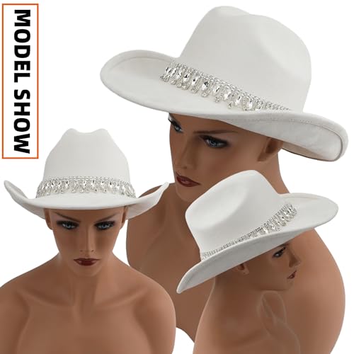 Melesh Women Cowgirl Hat Rhinestone Fringe Bling Western Cowboy Hat (Up-White)