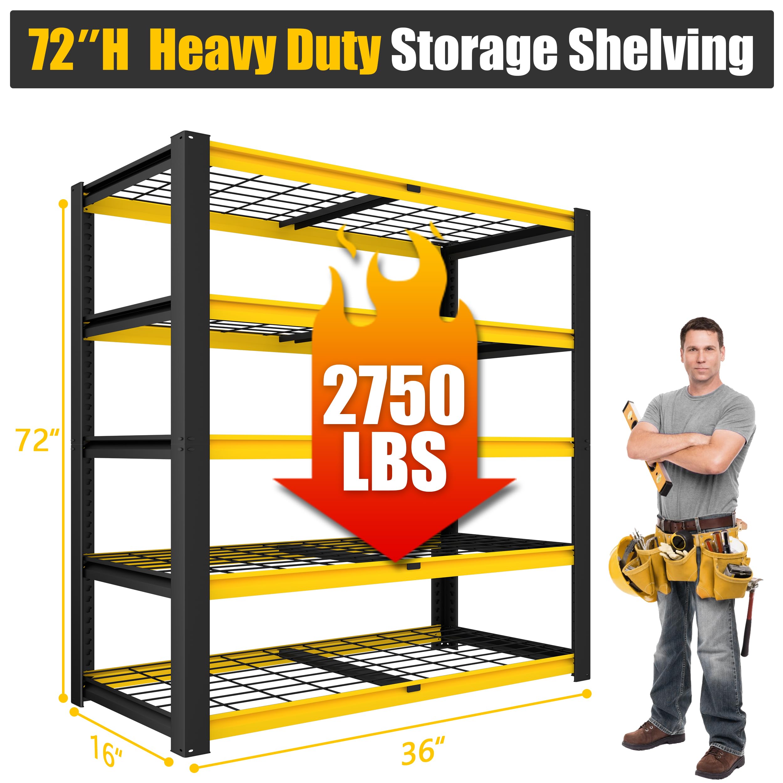 PrimeZone Heavy Duty Storage Shelves - 36" W X 16" D X 72" H Adjustable Garage Wire Shelving Unit, 5 Tier Industrial Metal Shelf Standing Utility Rack for Warehouse, Pantry, Basement, Black & Gold