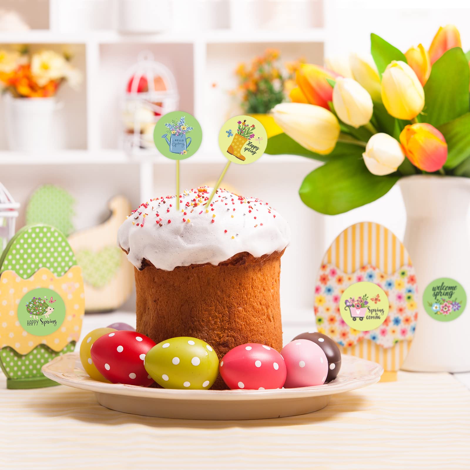 Lucleag Happy Spring Stickers for Kids, Round Hello Spring Stickers, 12 Styles Spring Flowers Birds Butterfly Stickers for Candy Goodies Envelope Seals Gift Card Stickers Spring Party Decor 360pcs