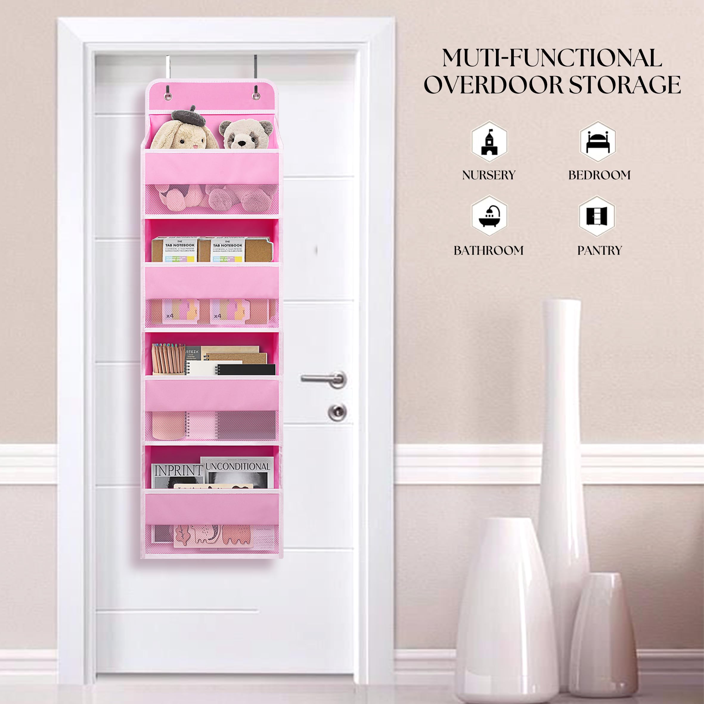 Over Door Hanging Organizer with 4 Large Capacity Pockets, Ideal Storage for Closet, Bathroom, Nursery, Bedroom, Dorm, Toys, Cosmetics, and Baby Essentials, Pink