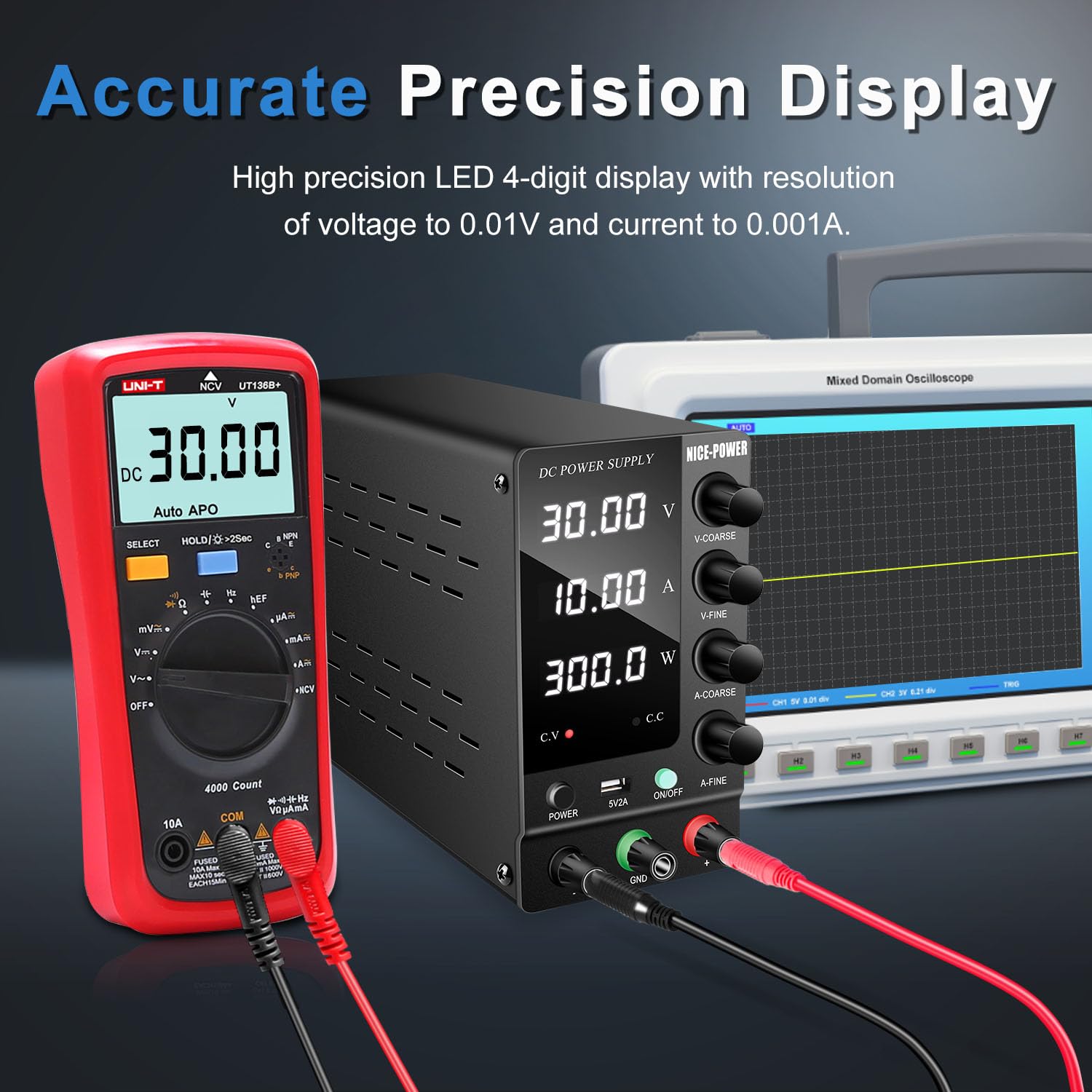 NICE-POWER DC Power Supply Variable 30V 10A, Adjustable Switching Regulated DC Bench Power Supply with Output Switch High Precision 4-Digit LED Display, Benchtop Lab Power Supplies with 5V/2A USB Port