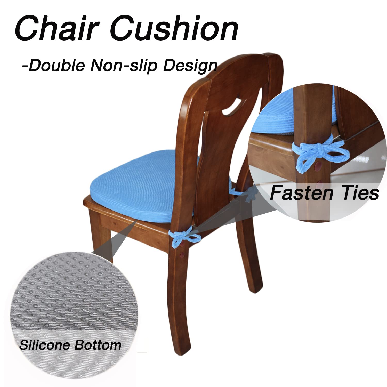 KGPLOME Chair Cushion with Ties for Dining Chairs - Non Slip Memory Foam Kitchen Seat Pad and Indoor Pad with Machine Washable Cover [ 16.5 x 16.2 Inches ] - Black
