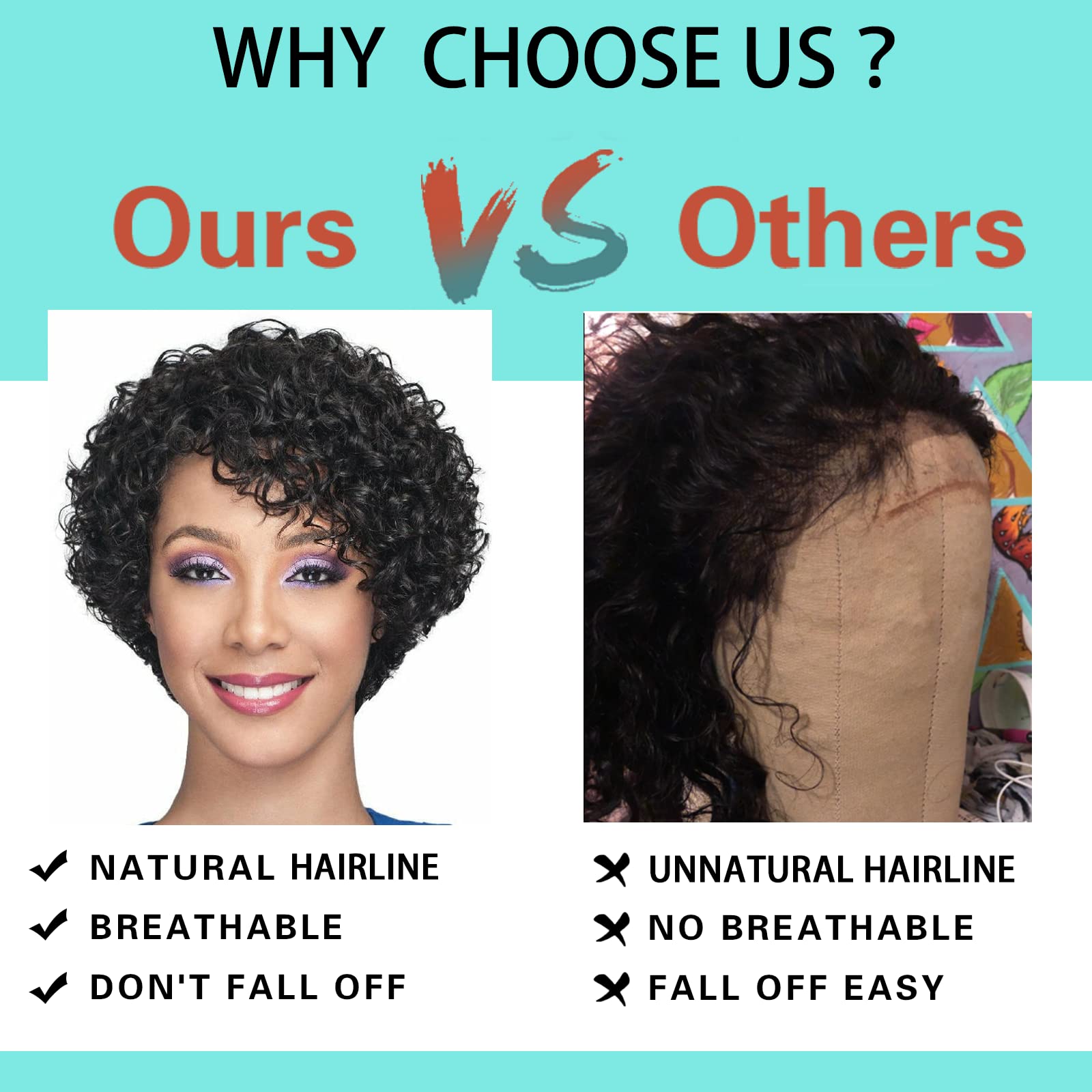 MOWCAW Short Curly Human Hair Wigs for Black Women 8 Inch Short Curly Wig Brazilian Deep Wave Side Part Pixie Cut Glueless Wigs Afro Kinky Bob Wig (Black