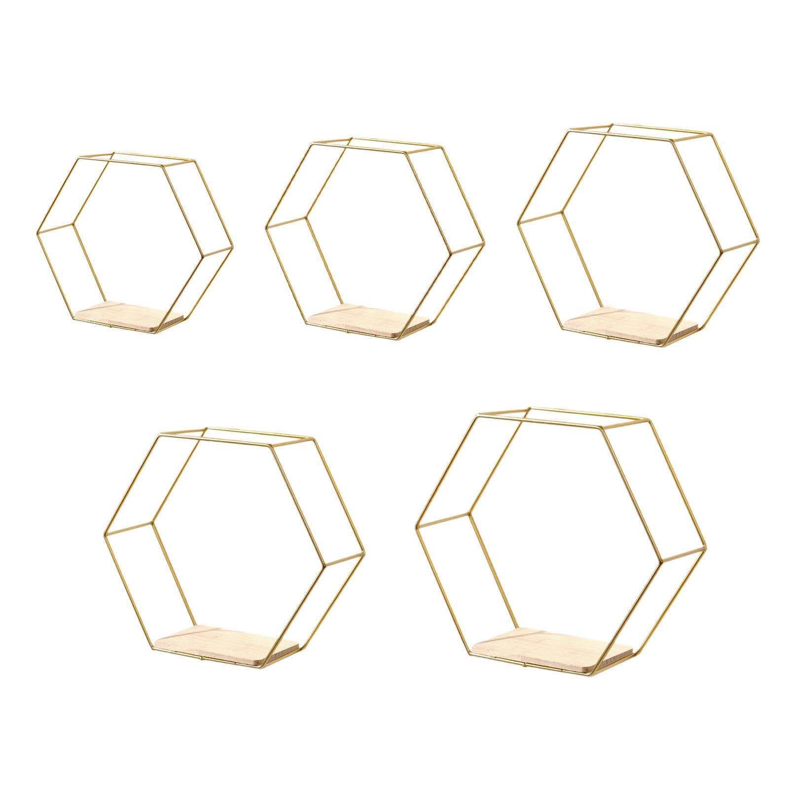 MYCENSE 5Pcs Hexagon Iron Wall Shelves Floating Shelf, Bathroom Wall Decoration Organizer, Storage Rack for Books Artworks Display, Golden