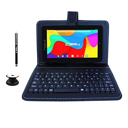 LINSAY 7" 2GB RAM 32GB Storage Android 12 Tablet with Black Leather Keyboard, Pop Holder and Pen Stylus