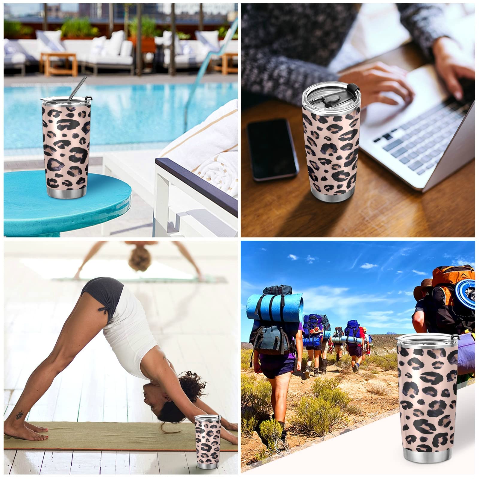 Leopard Print Cheetah Pink Insulated Tumbler Cup with Straw Lid Vacuum Reusable Stainless Steel Water Bottle Coffee Travel Mug 20oz