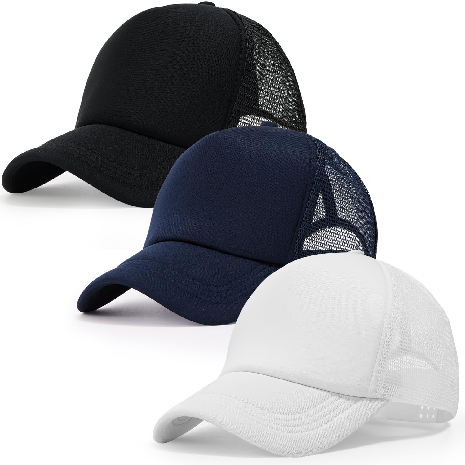MEINICY Foam Trucker Hat for Men Women 5 Panel Plain Front Mesh Back Cap Snapback Baseball Cap Classic Trucker Hat Black+White+Navy Blue