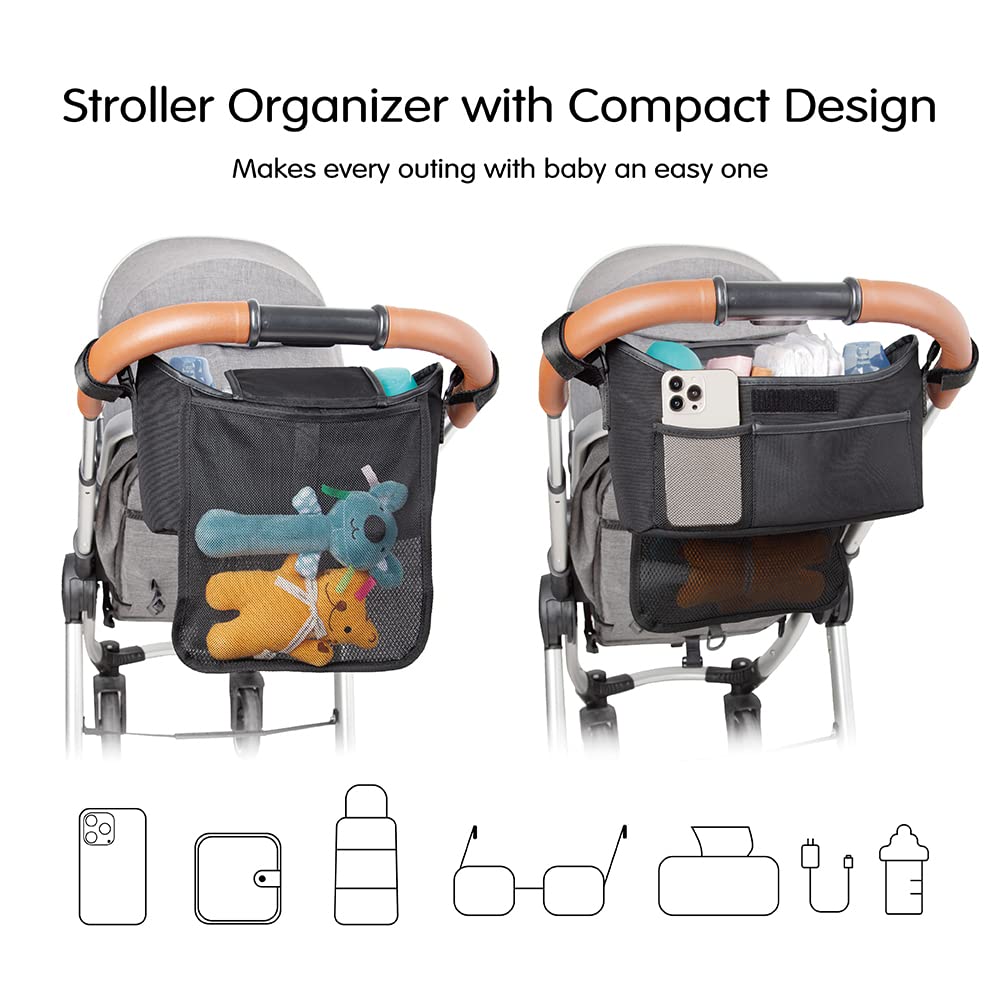 LUFFCABO Multifunctional Stroller Caddy Organizer With Cup Holder And Adjustable Straps, Universal Stroller Attachment With Stroller Cup Holder Supplying Stroller Storage (Large/Carbon Black)
