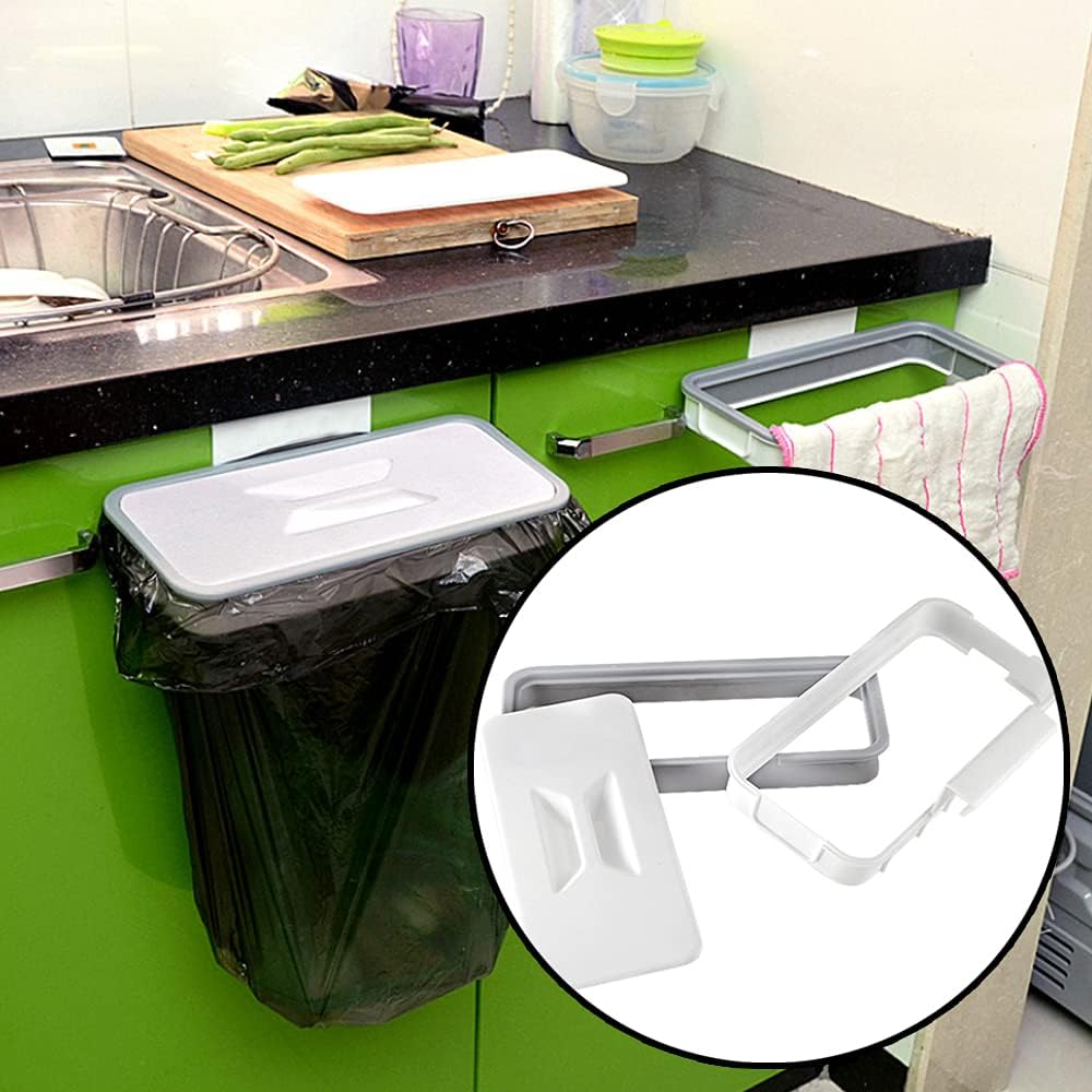 Over The Cabinet Door Garbage Holder Wastebaskets Trash Rack Cupboard Storage Hanger Waste Bins Basket Hanging Trash Can Rubbish Rack Portable Hanging Organizer Trash Bag Holder with Lid (white)
