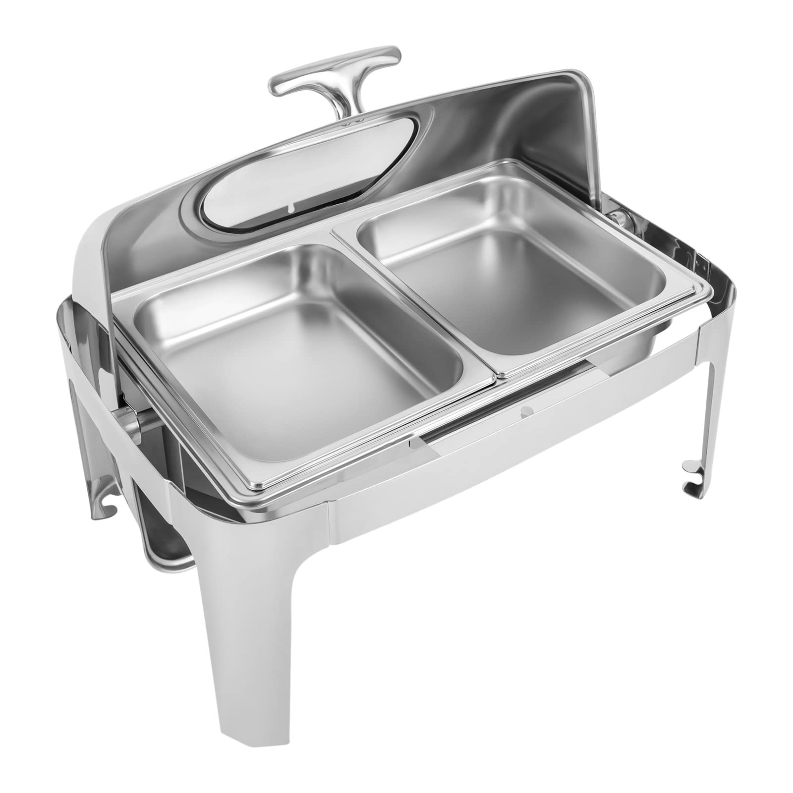 Roll Top Chafing Dish Buffet Set 9L/9.54Qt Stainless Steel Buffet Chafing Server Set Rectangular Buffet Chafer and Food Warmer for Catering Event Parties,25.2 * 18.11 * 17.32in (with Visible Window)