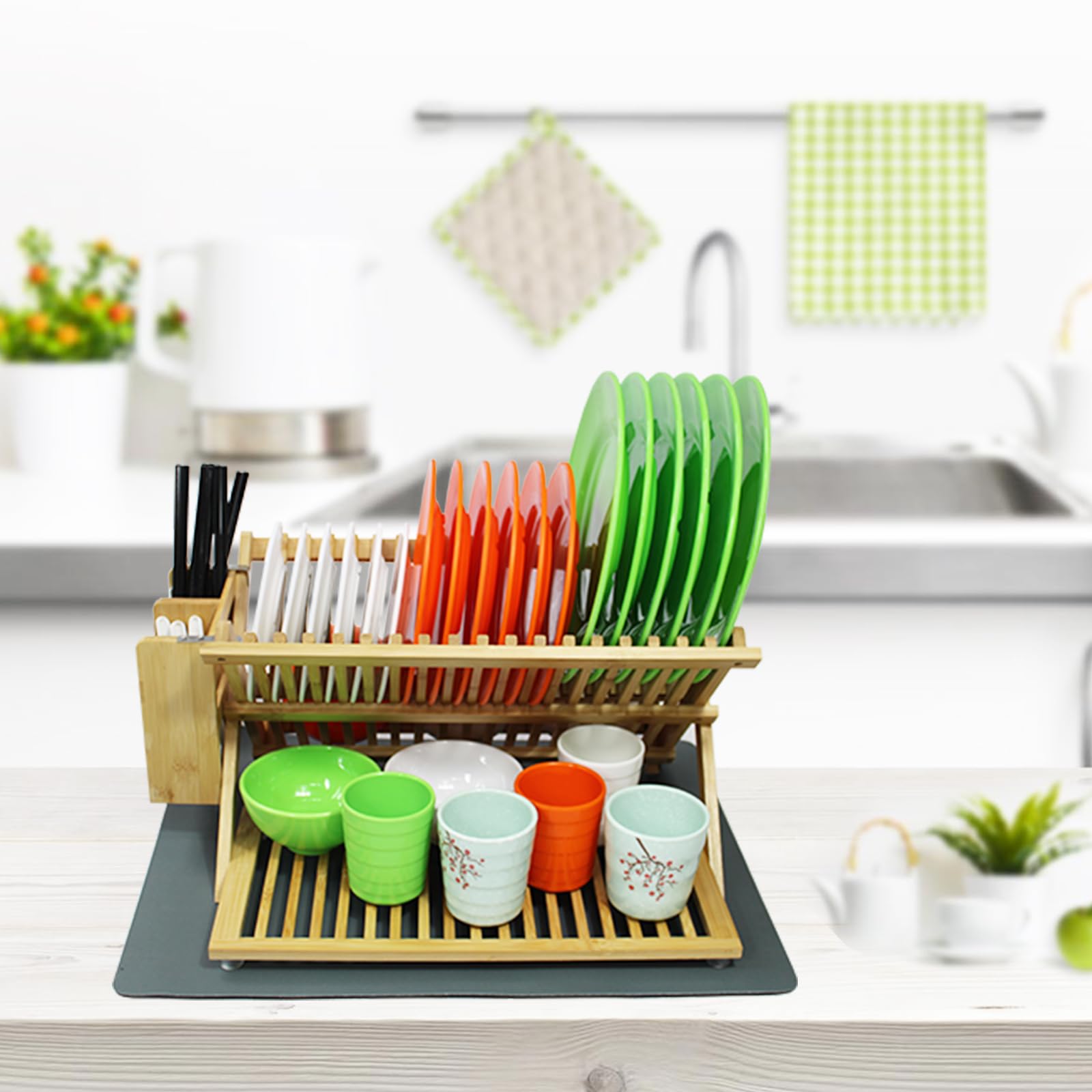 YZHDUXIU Bamboo Dish Drying Rack with Utensil Holder, 3 Tier Collapsible Dish Rack, Large Dish Racks for Kitchen Counter, Wooden Folding Dish Drainer with Dish Drying Mat (3 Tier (with Drying Mat))