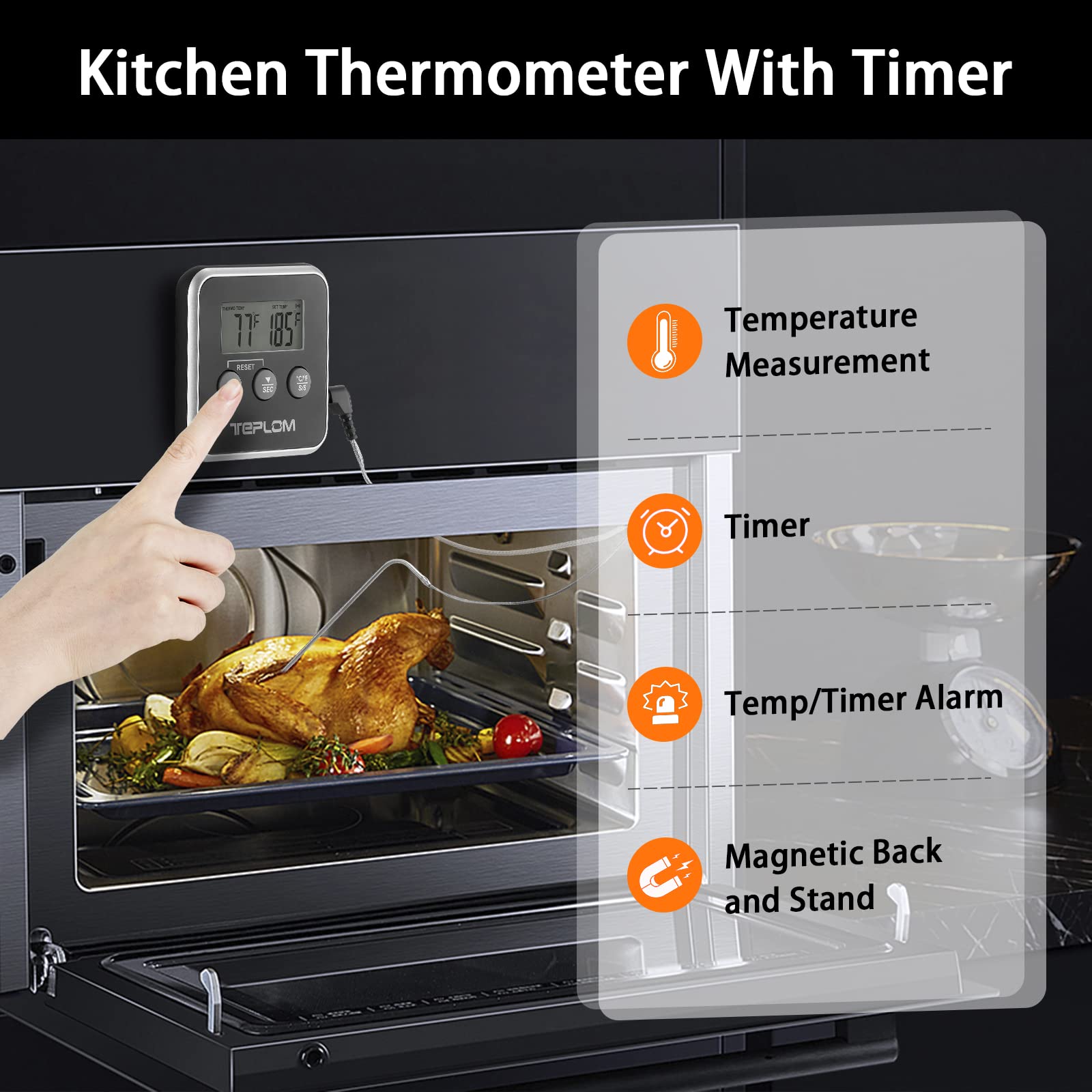 Meat Thermometer Digital Instant Read Kitchen Cooking Food Candy Thermometer Timer with Stainless Steel Probe Magnet for Oil Deep Fry BBQ Grill Smoker Baking Liquids Beef Oven Thermometer