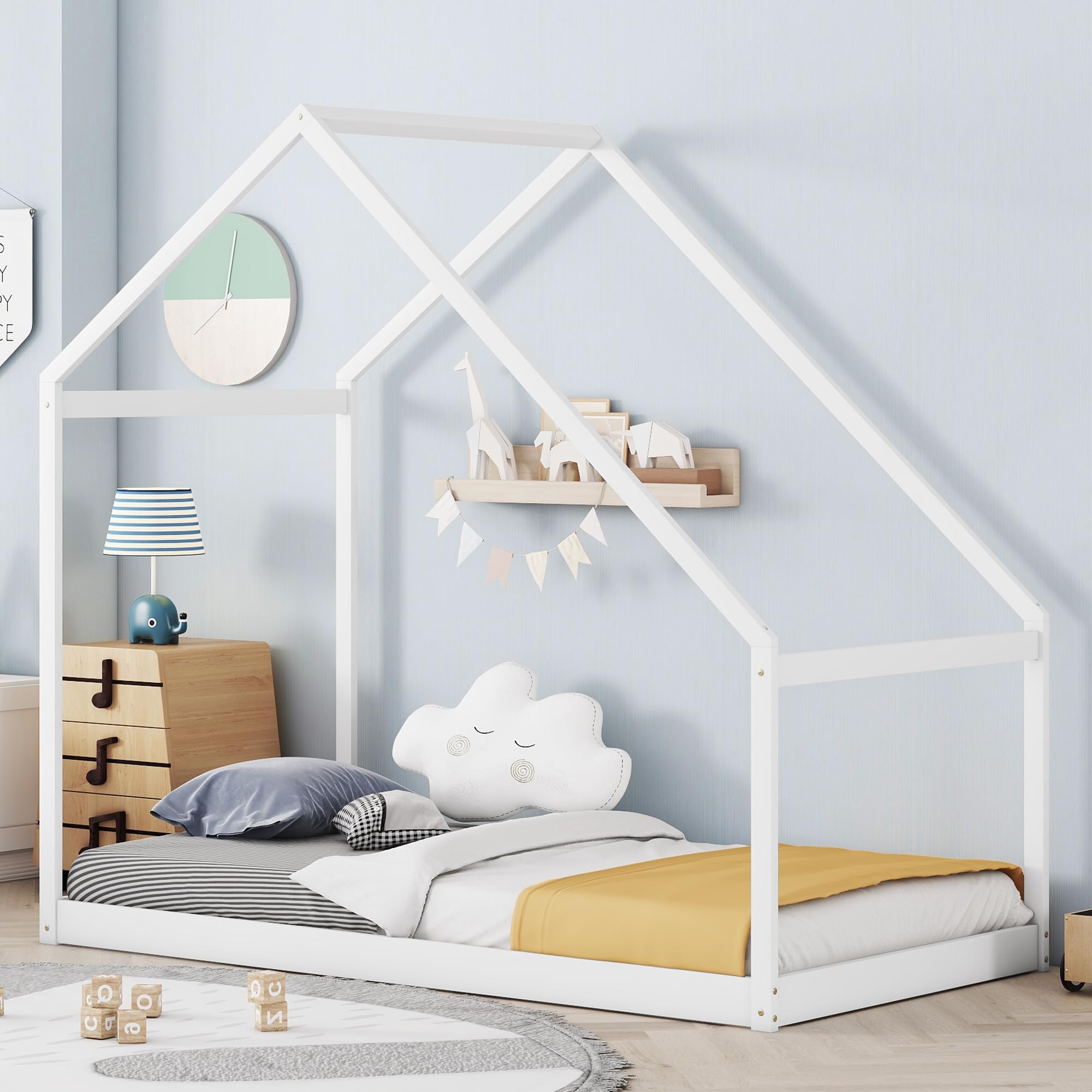 Merax Twin Bed Frames with Roof for Kids Girls Boys, Montessori Wooden House Shaped, Sturdy Framework, Easy Assembly, No Noise