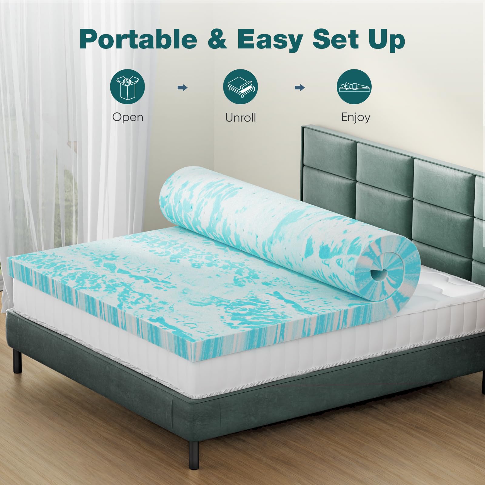 SMUG Memory Foam Mattress Topper, 3 Inch Thick Gel Infused Cooling Toppers Pad for Bed, Sleeper Sofa, RV, Camper, CertiPUR US Certified, Ventilated and Breathable, Bule, Queen