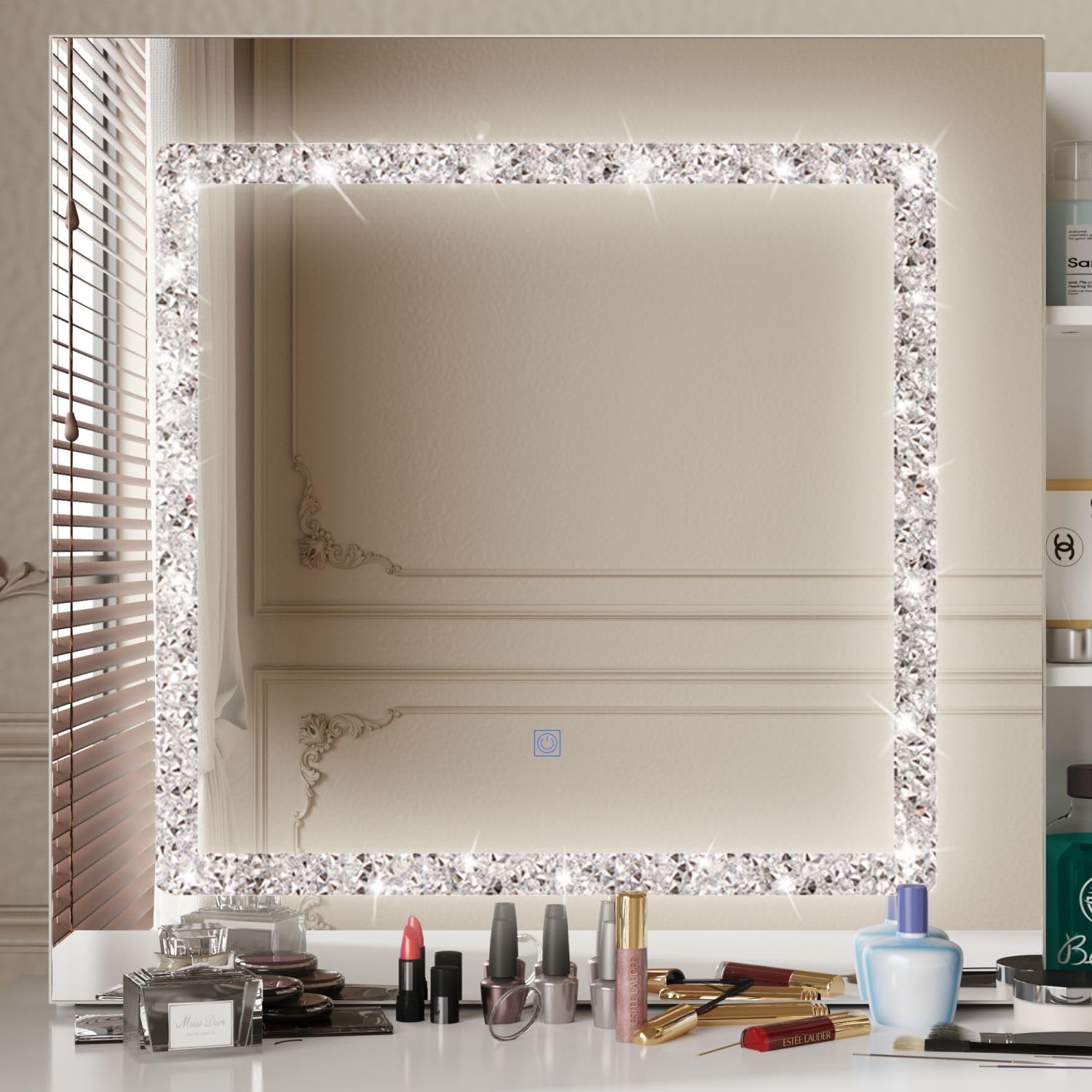 TAMUNE Vanity Desk with Sliding Mirror and Lights, Makeup Vanity with 5 Drawers & Shelves, Dressing Table with Crushed Diamond Lighted Mirror & Stool, Pink, 19.7”D x 39.4”W x 53.3”H