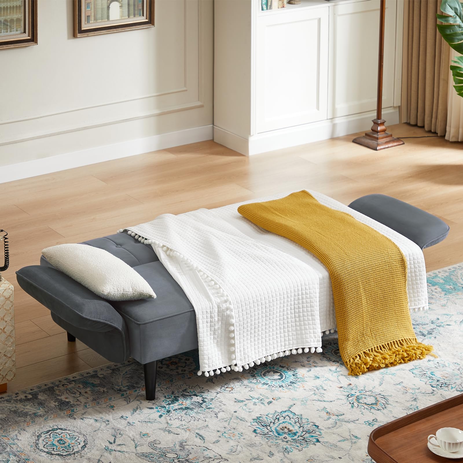 ONBRILL Loveseat Sofa Bed, Grey Couch Bed Mid-Century Modern Sleeper Sofa, Velvet Couch Convertible Futon Sofa Bed, Small Couch with Adjustable Backrest & Armrest, Love Seat Couches for Living Room