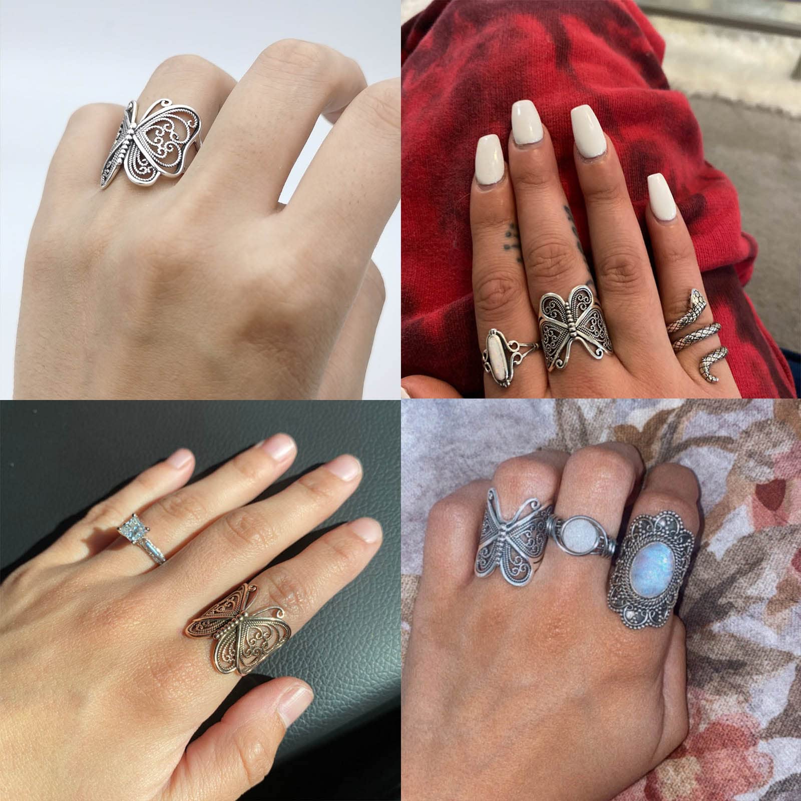 HUASAI Butterfly Ring for Women Statement Butterfly Ring for Girls Vintage Rhinestone Chunky Midi Ring(Gold)