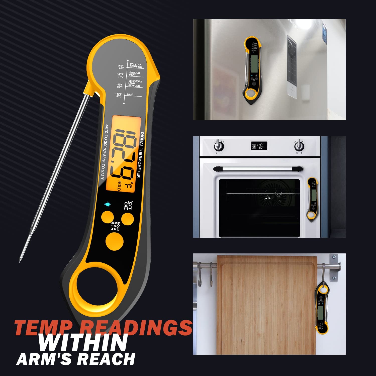 Meat Thermometer Digital, Biison Instant Read Meat Thermometer for Grilling and Cooking, Waterproof, Backlight, Ultra-Fast Accurate Food Thermometer for BBQ Grill, Liquids, Beef, Turkey, Candy(Orange)