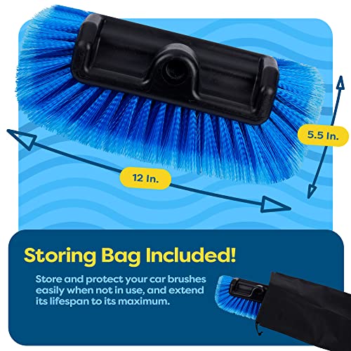 SCRUBIT 12" Car Wash Brush with Soft Bristles for Car Truck Boat Deck & House Cleaning, Exterior Washing Brush Connects with Pole & Hose Storage Bag Included (Blue)