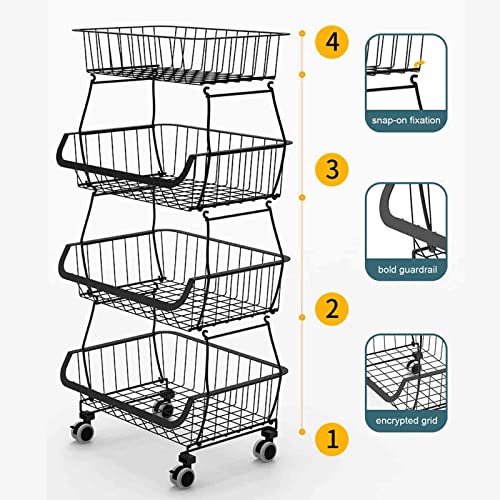 Multi-Tier Vegetable Storage Rack, Movable Stackable Fruit Vegetable Shelf, for Kitchen, Pantry, Bathroom, Garage, Living Room,4 Tier