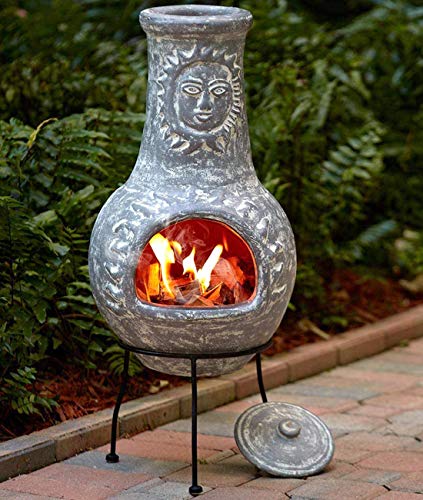 Outdoor Clay Chiminea Fire Pit Overall Size 34.2 inch Tall - Patio Handcrafted Chimenea, Backyard Fireplace with Cover Lid, Rustic Ceramic Chimney