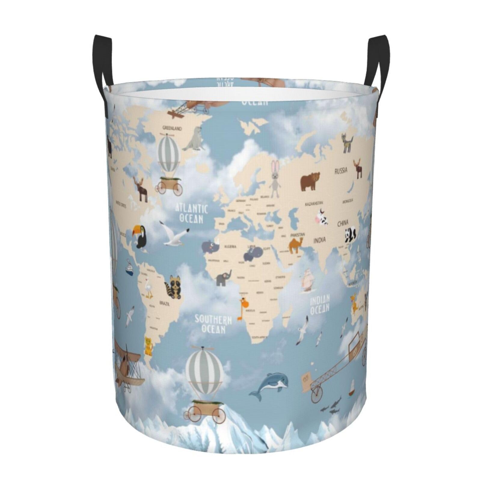 Pevtufa Animals Travel World Map Foldable Laundry Basket Organizer,Fabric Clothes Toy Storage Basket Nursery Hamper Storage Bin For Household Bedroom, Bathroom, College Dorm-Small