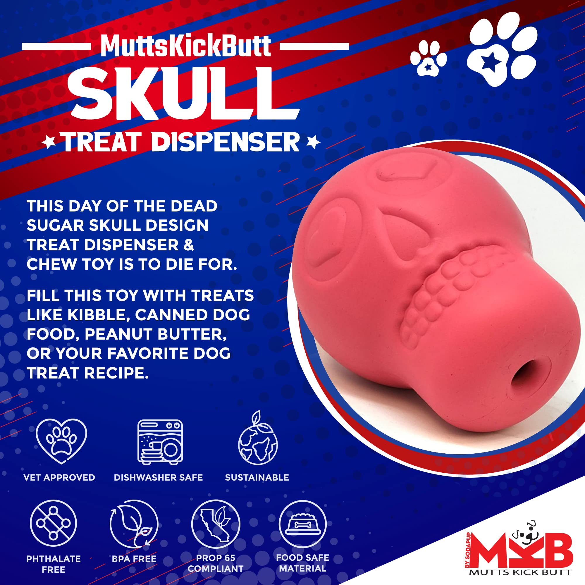 SodaPup MuttsKickButt Skull β Dog Treat Dispenser & Chew Toy Made in USA from Our Most Durable Non-Toxic, Pet-Safe, Food Safe Natural Rubber for Mental Stimulation, Problem Chewing, & More