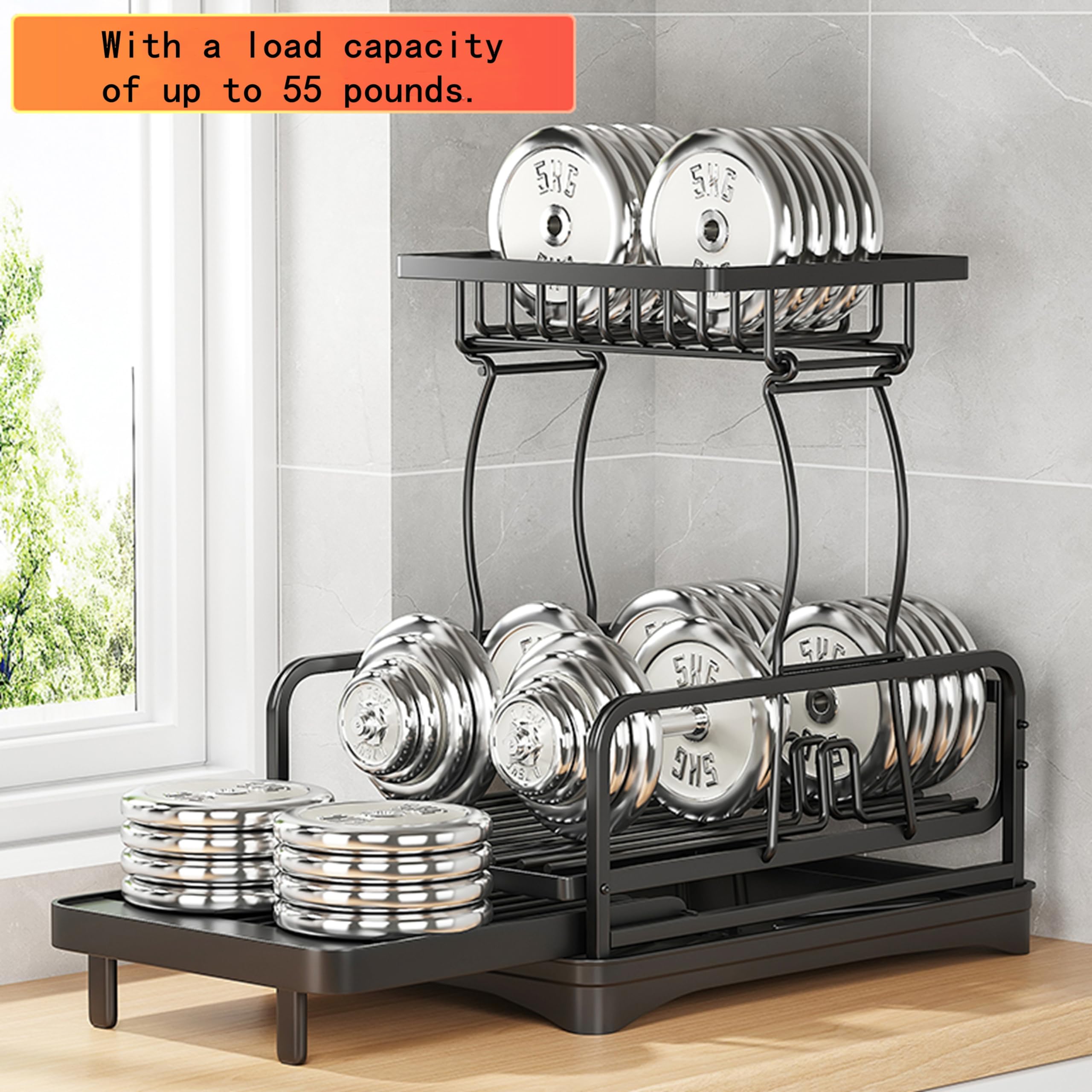 PEXOMEDO Large Expandable Dish Drying Rack,2 Tier Dish Racks for Kitchen Counter, Rack with Drainboard & Utensil Holders, Dish Drainer with Knife, Fork & Cup Rack,Kitchen Organization