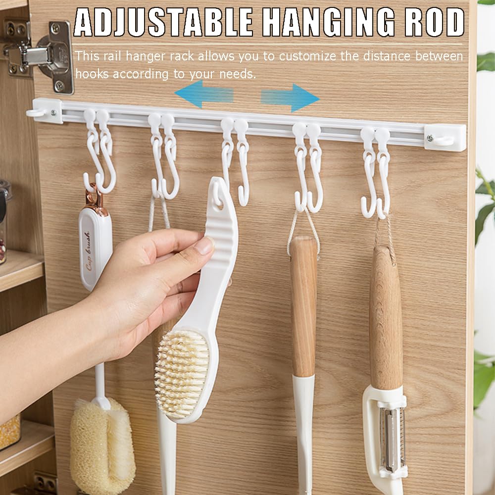 OULIGET Utility Slide Rail Hook,Under Cabinet Kitchen No Punching Hooks for Hanging Utensil,Bathroom Bedroom Office Wall Door Rack with 10 Hooks,15.7 and 11.8 Inches,2Pieces