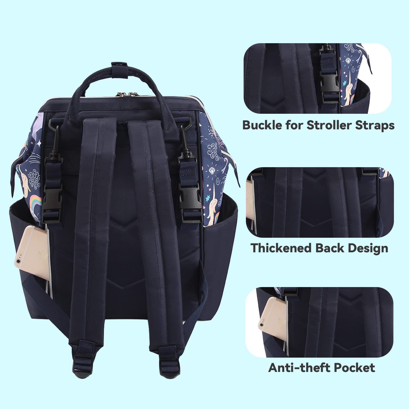 MYZIDEA Diaper Bag Backpack,Baby Nappy Changing Bags with Pacifier Case and Stroller Straps, Multifunction Waterproof Travel Backpack, Large Capacity, Waterproof,Unisex and Stylish,Animal Series,Navy