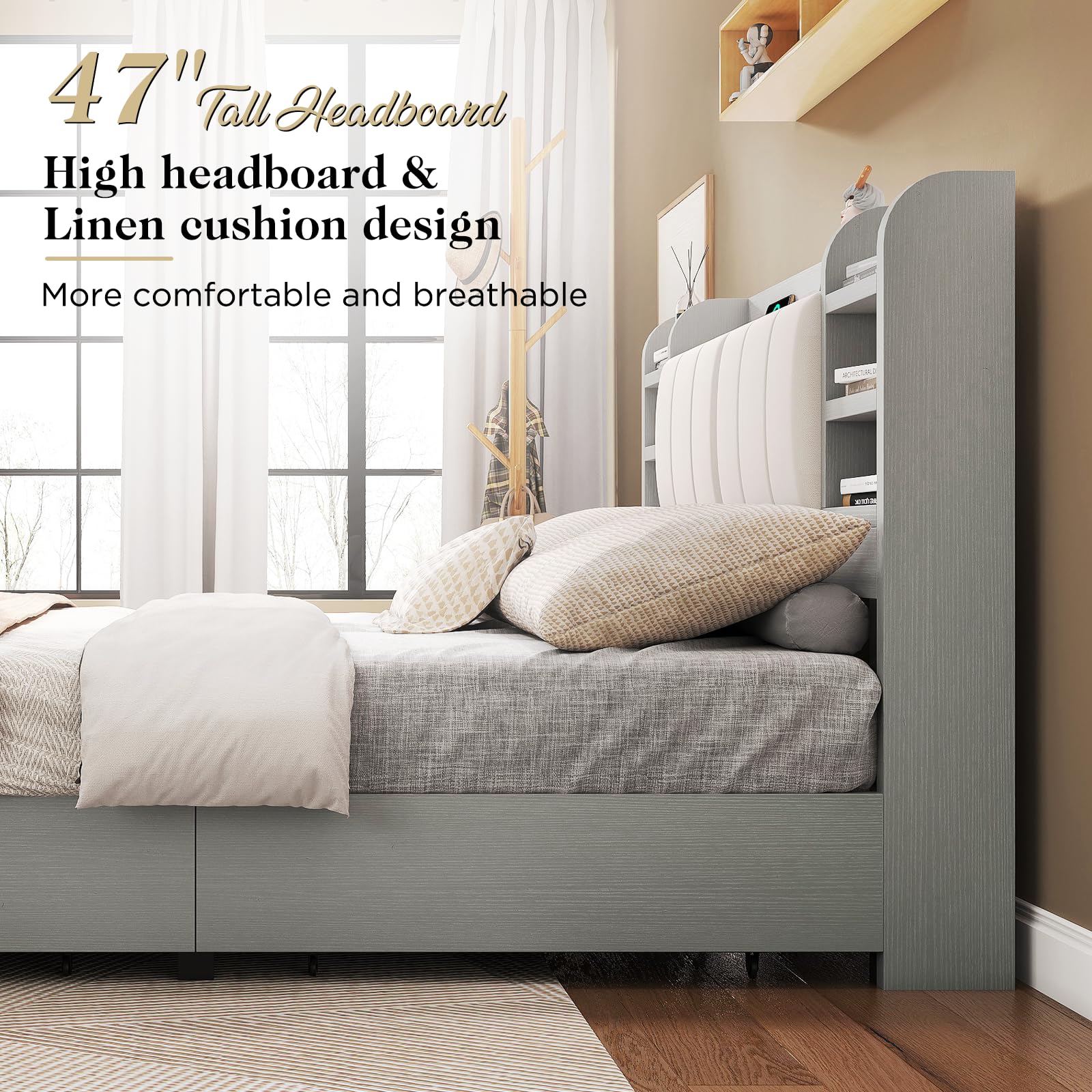 LUXOAK Queen Size Bed Frame with Headboard, Platform Bed Frame with 4 Storage Drawers & Private Storage, Bookcase Bed Frame with Charging Station, No Box Spring Needed, Noise-Free, White