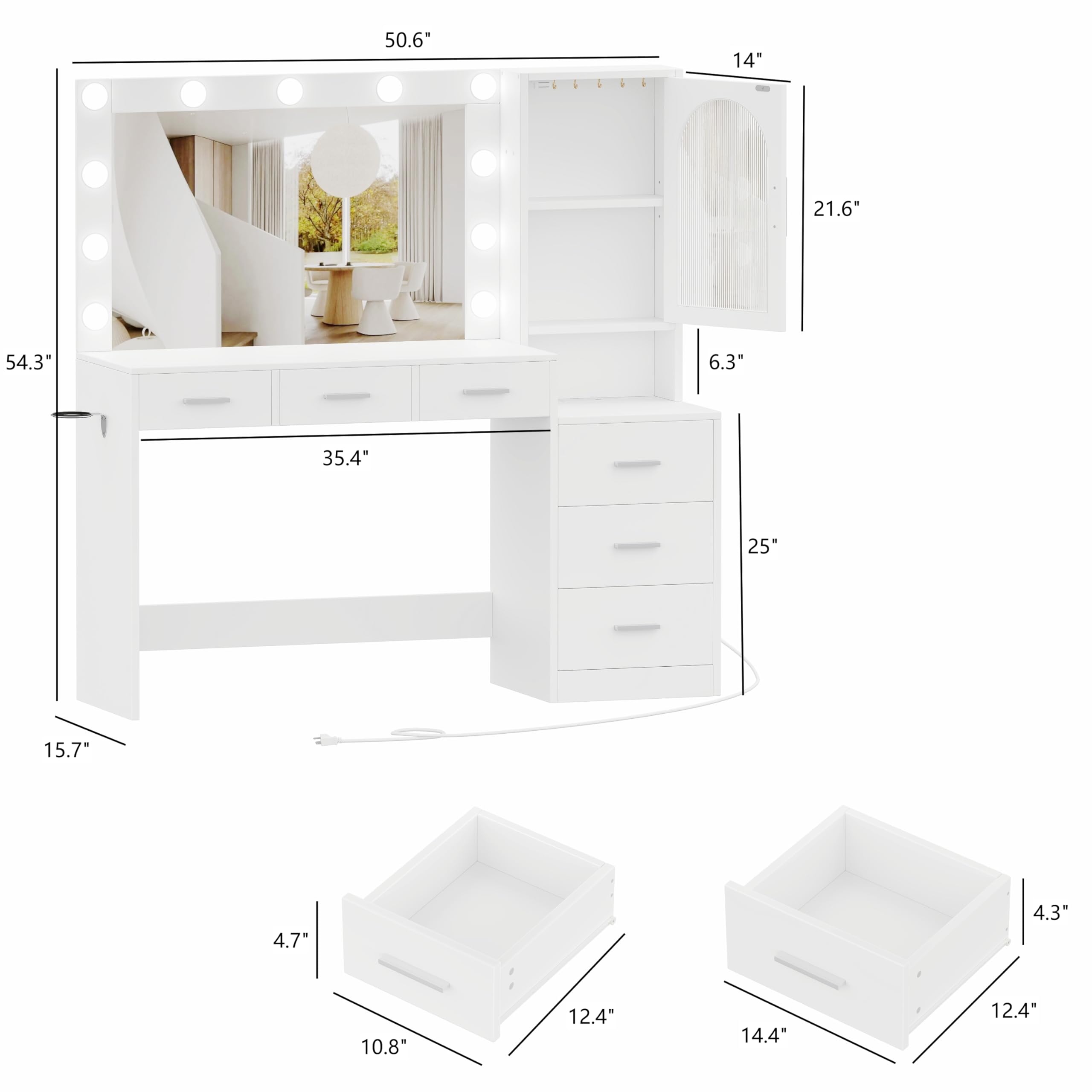 Rovaurx 50.6" Vanity Desk with Mirror and Lights, Large Makeup Vanity Table with 6 Drawers and Charging Station, Side Cabinet, Dressing Table for Bedroom, White RSZT115W