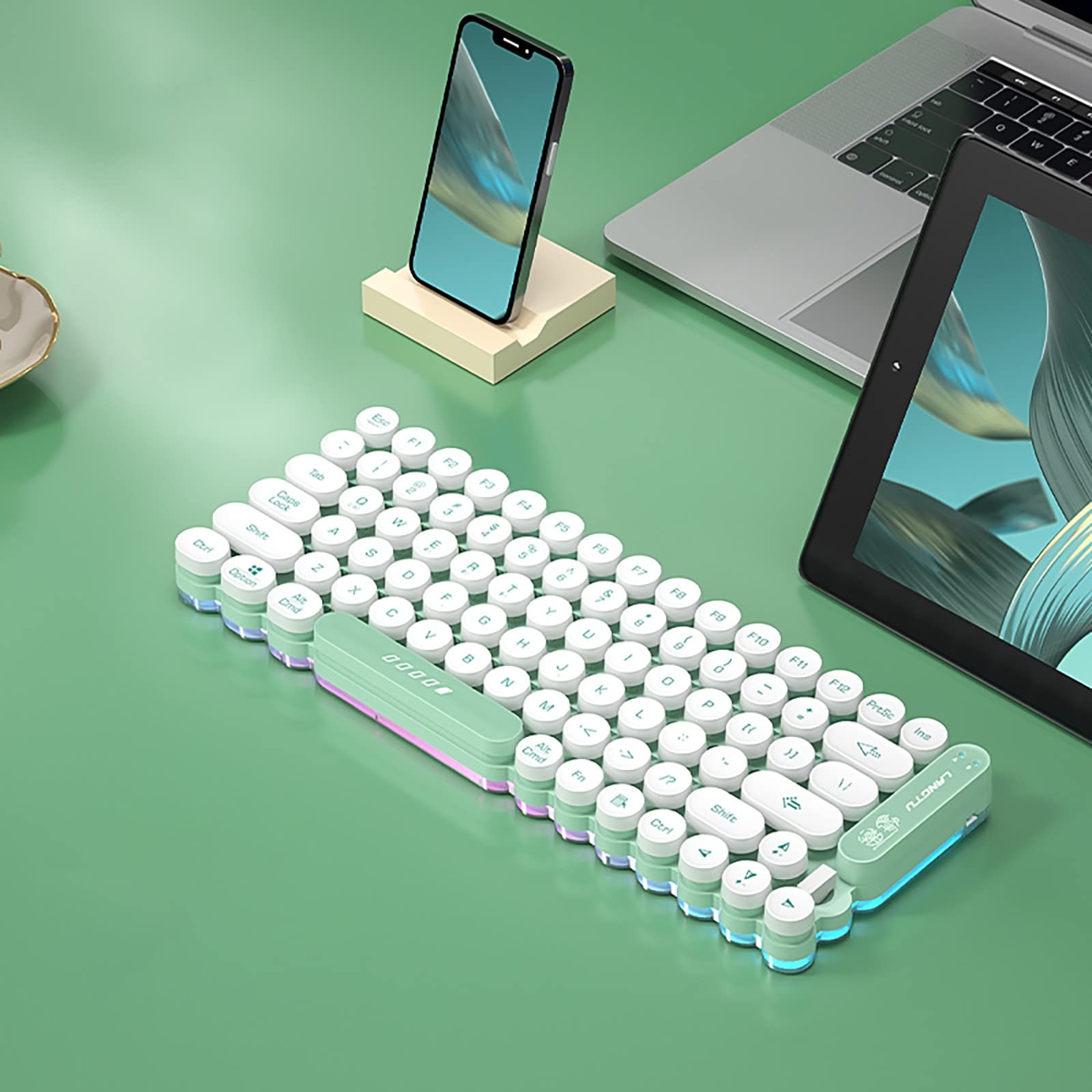 New Wireless Gaming Keyboard with RGB Lighting Ergonomic 80 Keys Bluetooth 5.0 and 2.4G Wireless Keyboard Power Saving Silent Lightweight Waterproof Gaming Keyboard for Cellphone Tablet PC (Green)