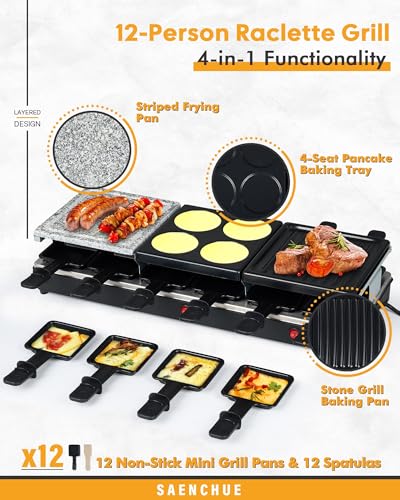 Saenchue Raclette Table Grill - Indoor Electric Grill Griddle - Nonstick Extra Large Reversible 4-In-1 Outdoor Dishwasher Safe with Cheese 12 Paddles 12 Spatulas for 12 Person, FD-12