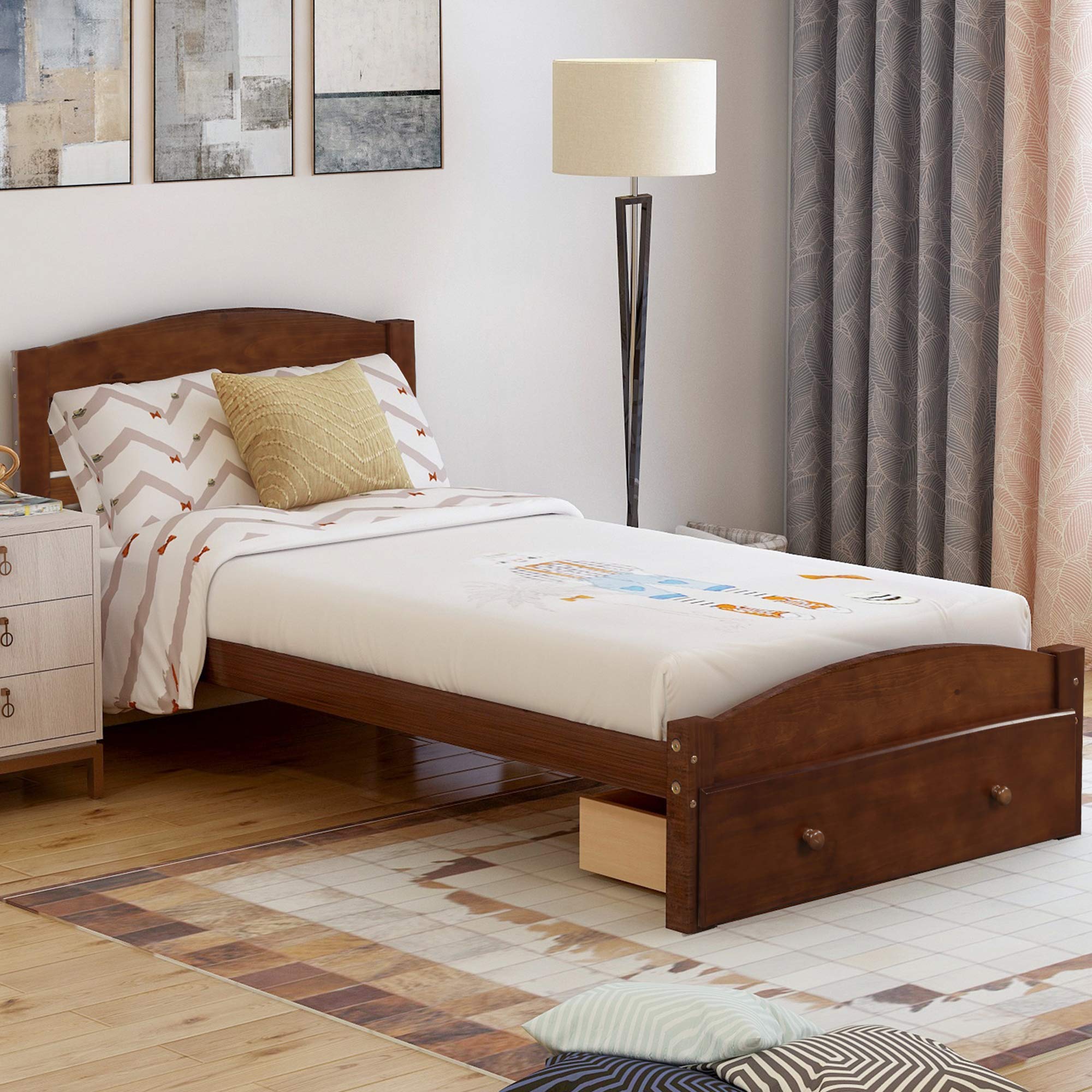 SOFTSEA Twin Size Platform Bed Frame with Drawers, Platform Bed with Headboard and Footboard, Wood Platform Bed for Bedroom, No Box Spring Needed, Walnut