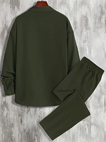 NIBHZ Two Piece Outfits for Men Men Solid Button Front Shirt & Drawstring Waist Pants Without Tee (Color : Army Green, Size : Large)