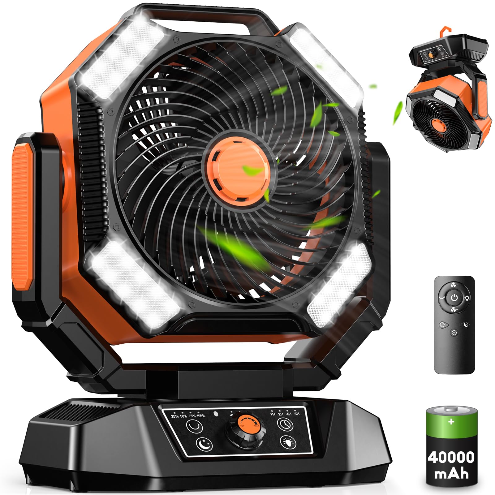 Zmirne Portable Large Camping Fan Remote & Oscillating, 40000mAh Rechargeable Battery Operated Fan with LED Lantern,USB-C Charging Personal Floor Fan for Outdoor Travel Fishing Power Outage Hurricane