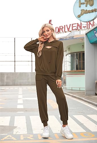 Pink Queen Two Piece Lounge Wear Sweat Sets Casual Relaxed Fit Fall Cutout Pullover Hoodies Tracksuit Ladies Running Active Drawstring Pants with Pockets Chocolate L